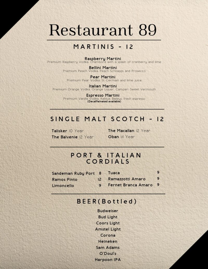 Cocktail & Beer Menu - Restaurant 89
