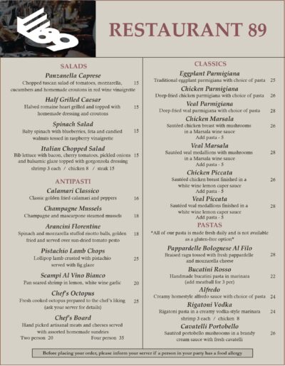Dinner Menu - Restaurant 89