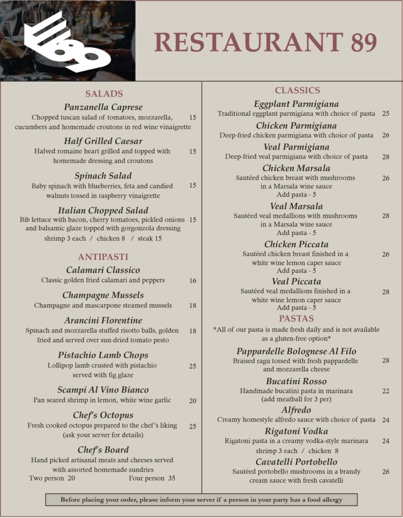 Dinner Menu - Restaurant 89